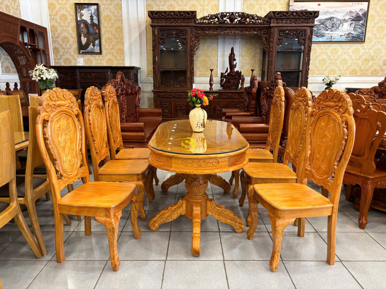 Bộ bàn ăn gõ đỏ 6 ghế phúc lộc thọ bàn ovan-BBA2116B | Giá tốt tại xưởng